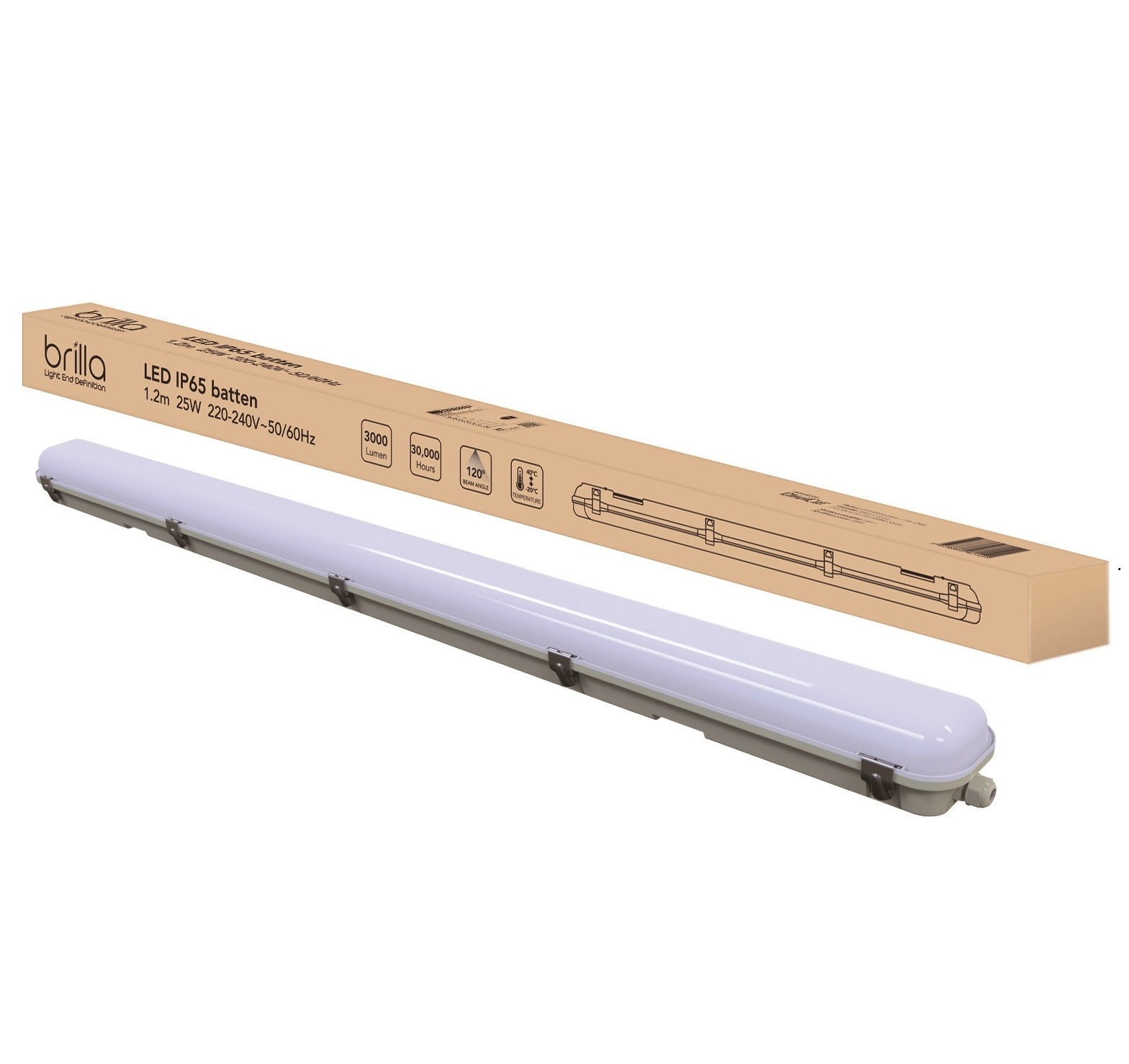 LED IP65 batten FSB192 AC220V-240V 25W 6500K 3000lm 1.2m 1253*72*73mm ...